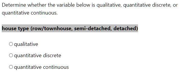 SOLVED: Determine whether the variable below is qualitative, quantitative discrete, or ...