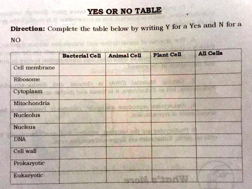 SOLVED: YES OR NO TABLE Direction: Complete the table below by writing ...