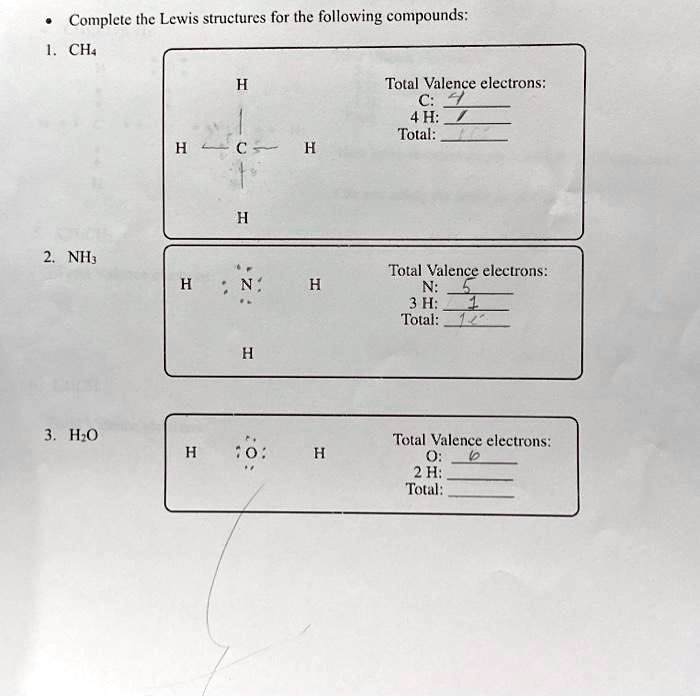 [GET ANSWER] Complete the Lewis structures for the following compounds: 1. CH4 H H C H H 2. NH3 ...