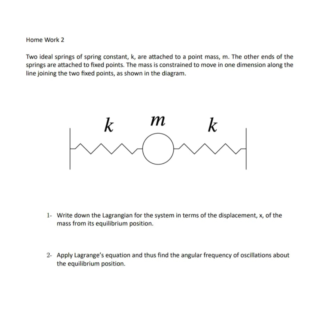 Home Work 2 Two ideal springs of spring constant, k, are attached to a ...