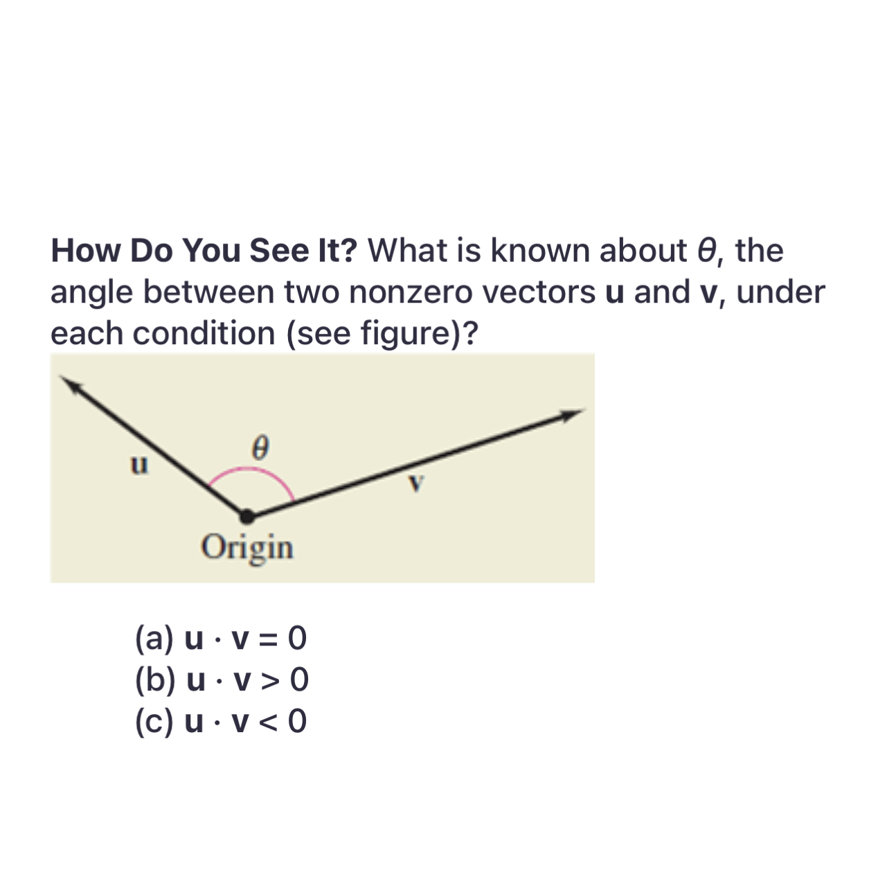 How Do You See It? What is known about θ, the angle between two nonzero vectors 𝐮 and 𝐯, under ...