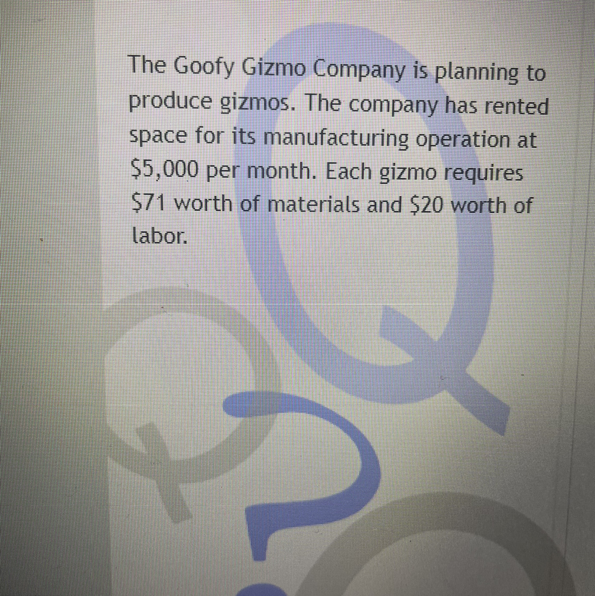 The Goofy Gizmo Company is planning to produce gizmos. The company has ...