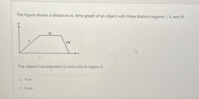SOLVED: The figure shows a distance vs. time graph of an object with three distinct regions, I ...