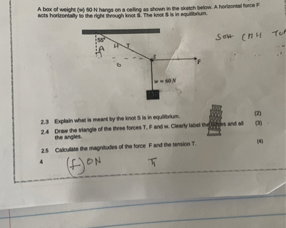 SOLVED: A box of weight (m) 60 N hangs on a celling as shown in the sketch below. A hortzontal ...