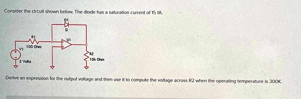 Consider the circuit shown below. The diode has a saturation current of 15 fA. R1 100 Ohm V1 2 ...