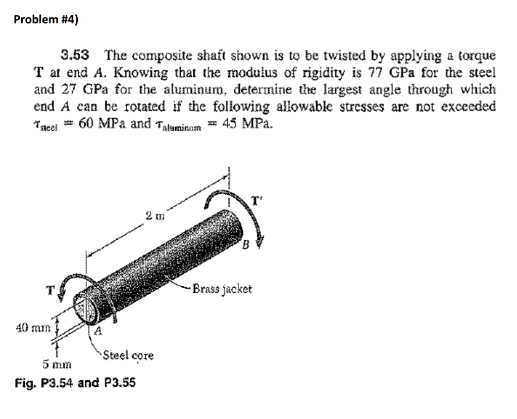SOLVED: Problem #4) 3.53 The composite shaft shown is to be twisted by applying a torque T at ...