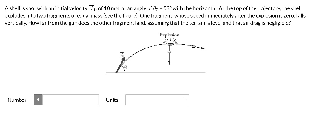 SOLVED: A shell is shot with an initial velocity V 0 of 10 m/s,atanangle of 8 598 with ...