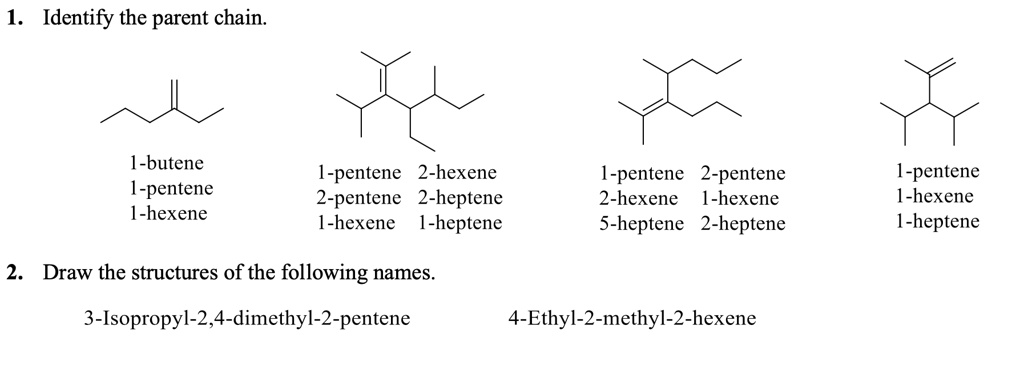 SOLVED: Identify the parent chain: 1-butene, T-pentene, I-hexene 1-pentene, 2-hexene, 2-pentene ...
