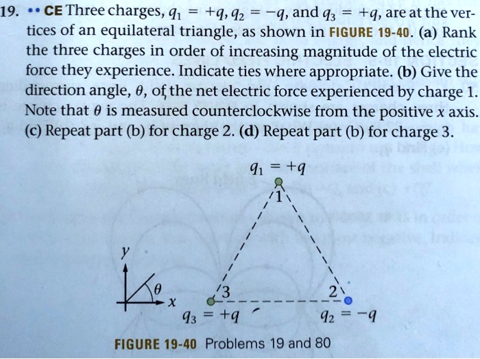 19. ?? CE Three charges, q1 = +q, q2 = -q, and q3 = +q, are at the vertices of an equilateral ...