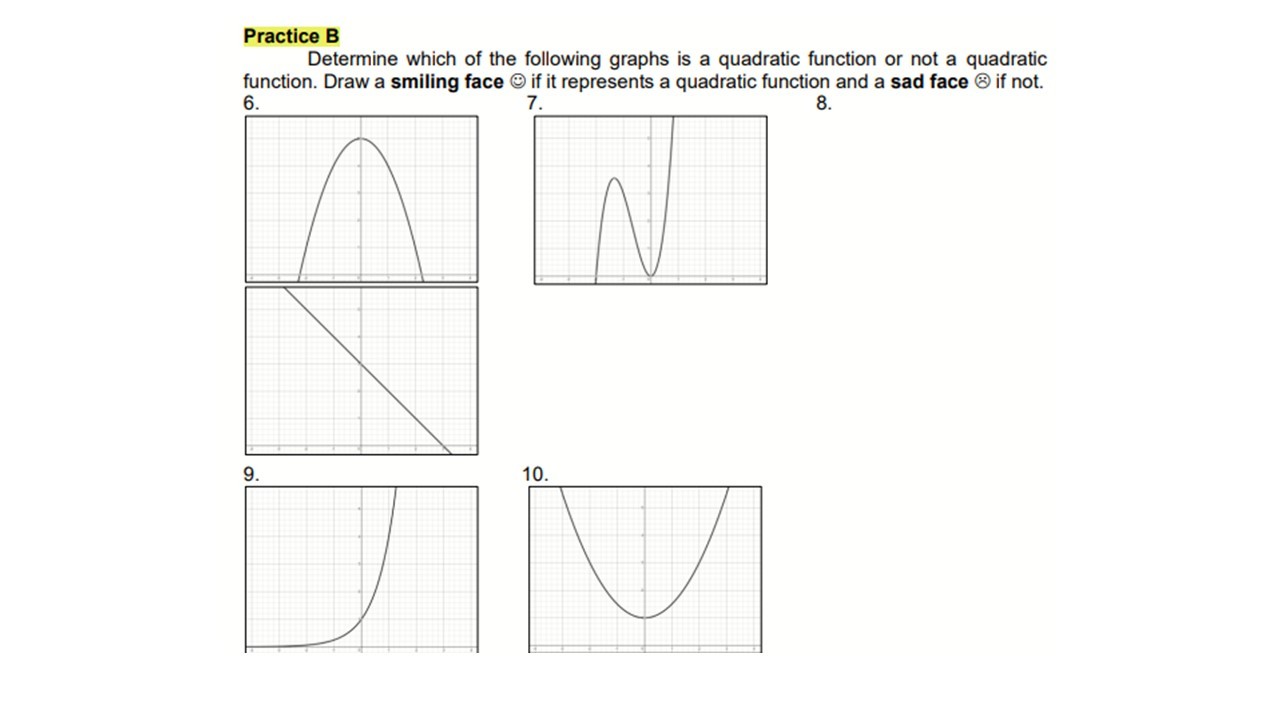 Practice B Determine which of the following graphs is a quadratic function or not a quadratic ...