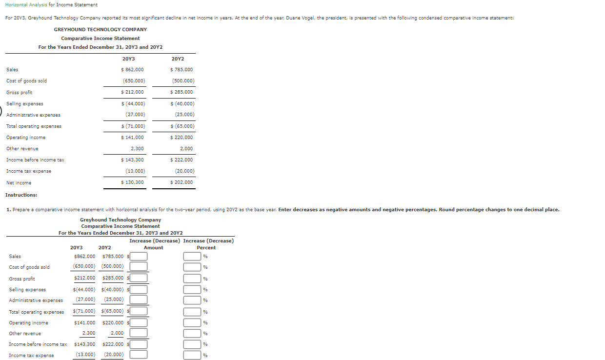 horizontal analysis for income statement for 20y3 greyhound technology ...