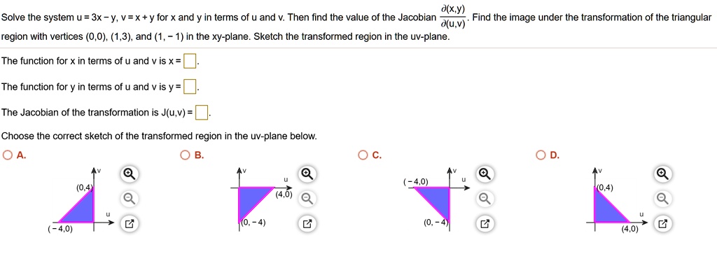 SOLVED:d(x,Y) Solve the system U = 3x-Y, v=xtyfor and y in terms Of u ...