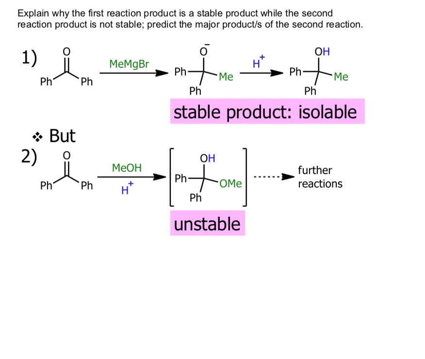 SOLVED:Explain why the first reaction product is a stable product while ...