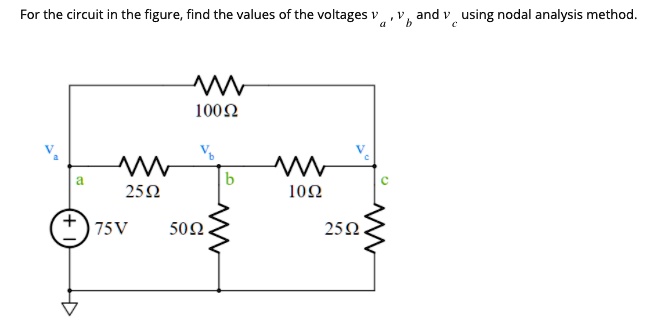 For the circuit in the figure, find the values of the voltages va, vb and vc using nodal ...