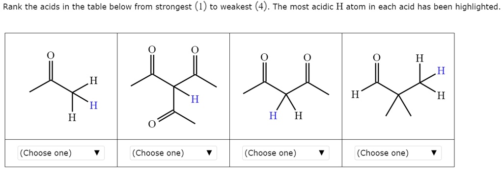 rank the acids in the table below from strongest 01 to weakest 4 the ...