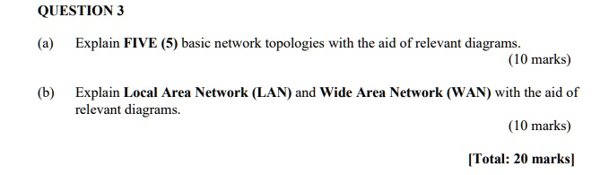 QUESTION 3 (a) Explain FIVE (5) basic network topologies with the aid ...