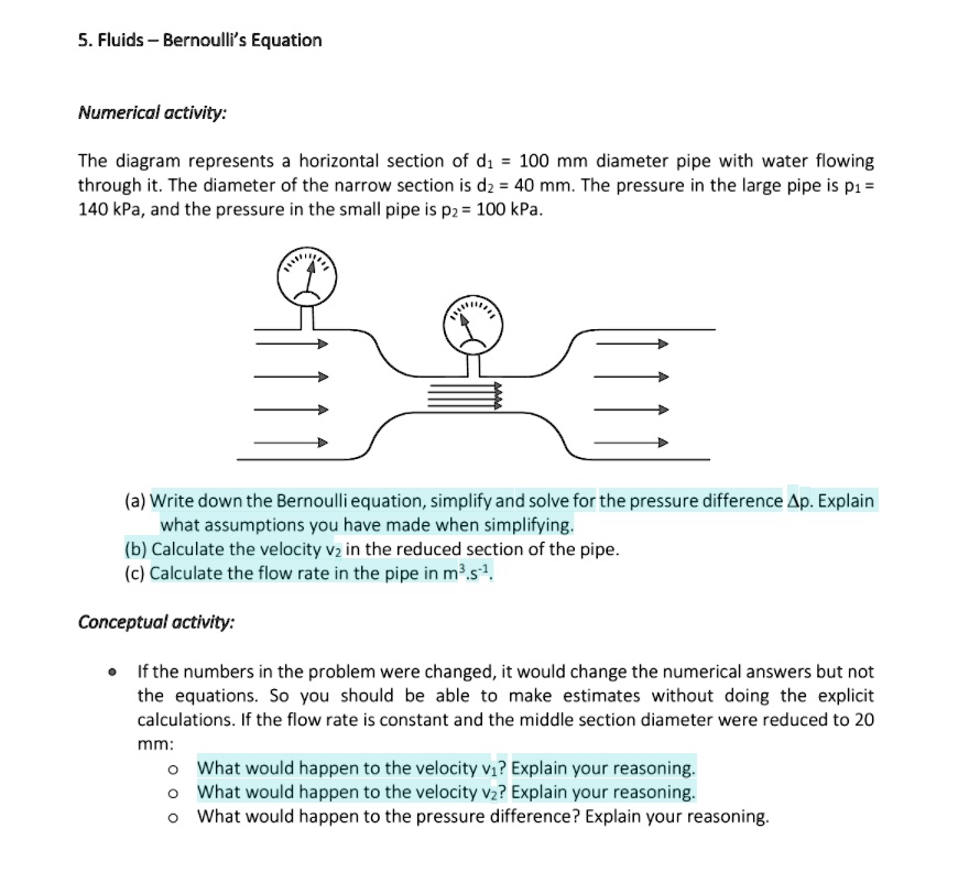 solve this fluids bernoulli equation numerical activity the diagram ...