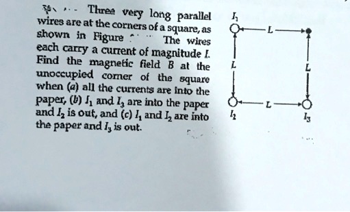 SOLVED: Three very long parallel wires are at the corners of a square, as shown in Figure 1. The ...