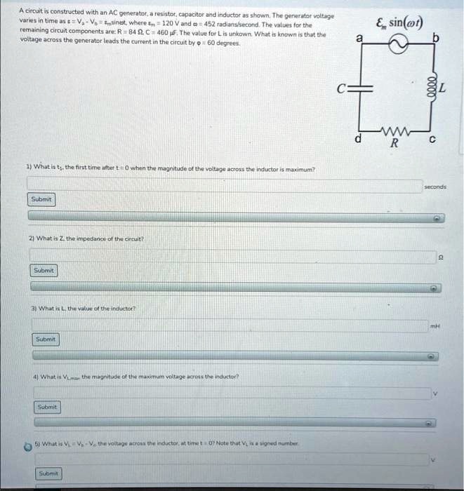 SOLVED: Texts: A circuit is constructed with an AC generator, a resistor, capacitor, and ...