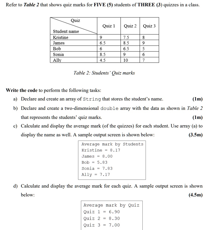 SOLVED: Refer to Table 2 that shows quiz marks for FIVE (5) students of ...