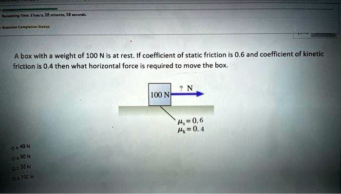 SOLVED: A box with a weight of 100 N is at rest. If the coefficient of ...