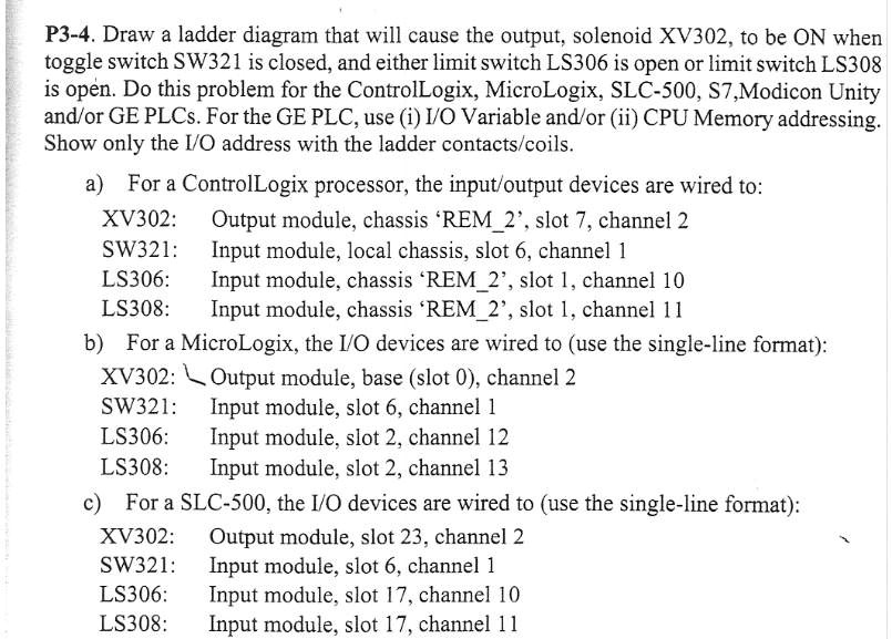 SOLVED: P3-4. Draw a ladder diagram that will cause the output solenoid ...