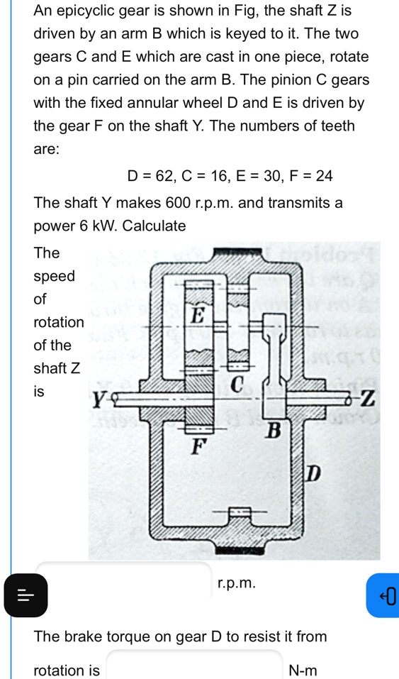 an epicyclic gear is shown in fig the shaft z is driven by an arm b ...