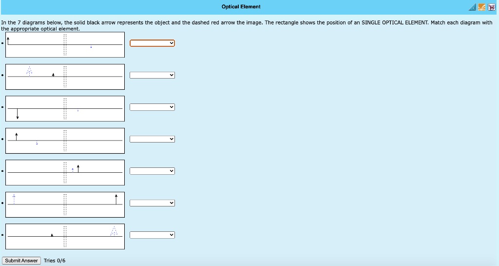 SOLVED: Optical Element In the 7 diagrams below, the solid black arrow ...