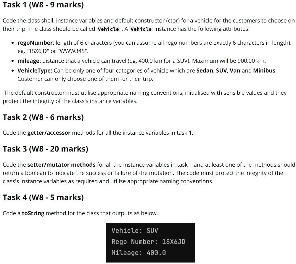 SOLVED: Task 1 (W8-9 marks) Code the class shell, instance variables, and default constructor ...