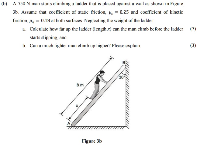 [GET ANSWER] (b) A 750 N man starts climbing a ladder that is placed ...