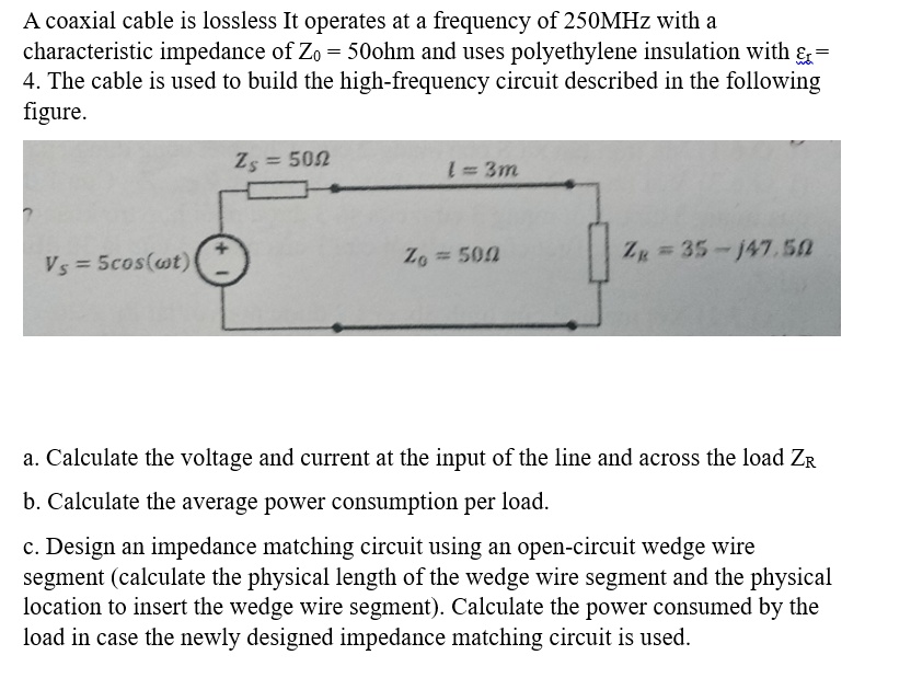a coaxial cable is lossless it operates at a frequency of 250mhz with a ...