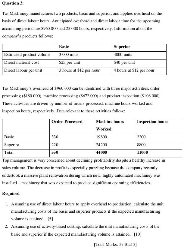 SOLVED: Question 3: Tas Machinery manufactures two products, basic and superior, and applies ...