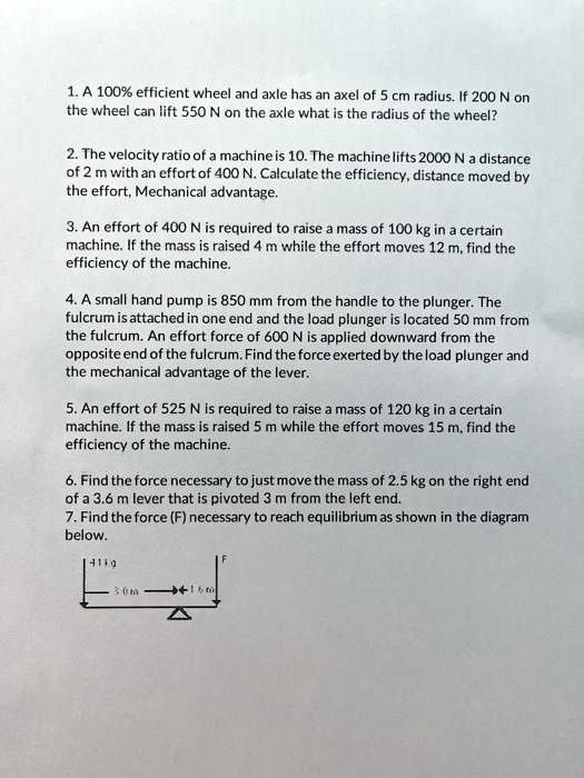 1. A 100% efficient wheel and axle has an axel of 5 cm radius. If 200 N ...