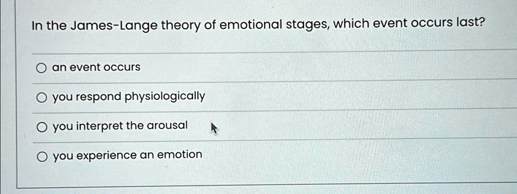 In the James-Lange theory of emotional stages, which event occurs last ...