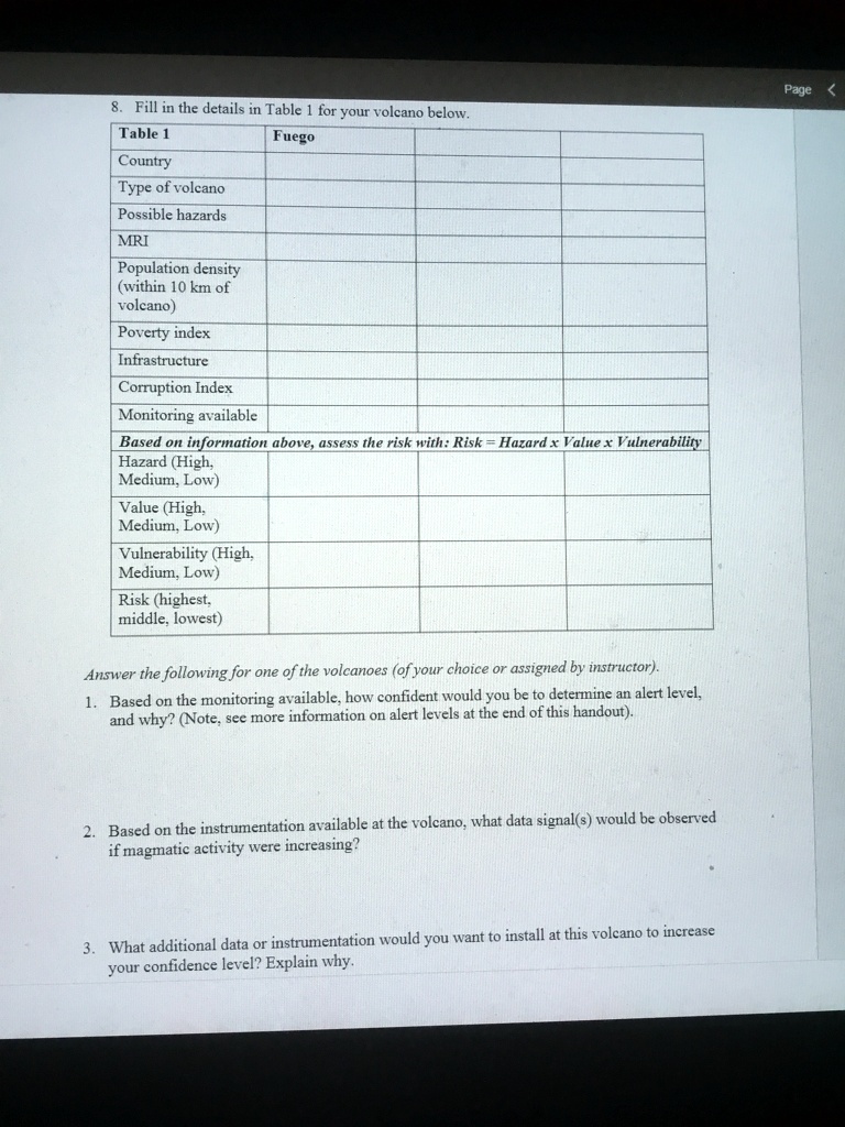 SOLVED: 'Fill in the table with details for your volcano below. Fill in ...