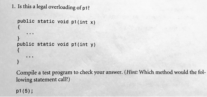 Solved Is This A Legal Overloading Of P1 Public Static Void P1int X Public Static Void P1 