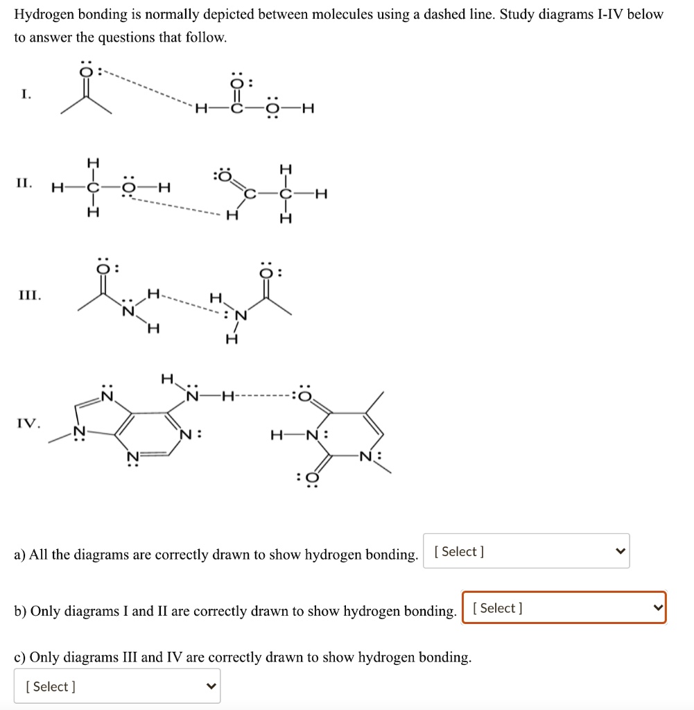 SOLVED: Hydrogen bonding is normally depicted between molecules using a ...