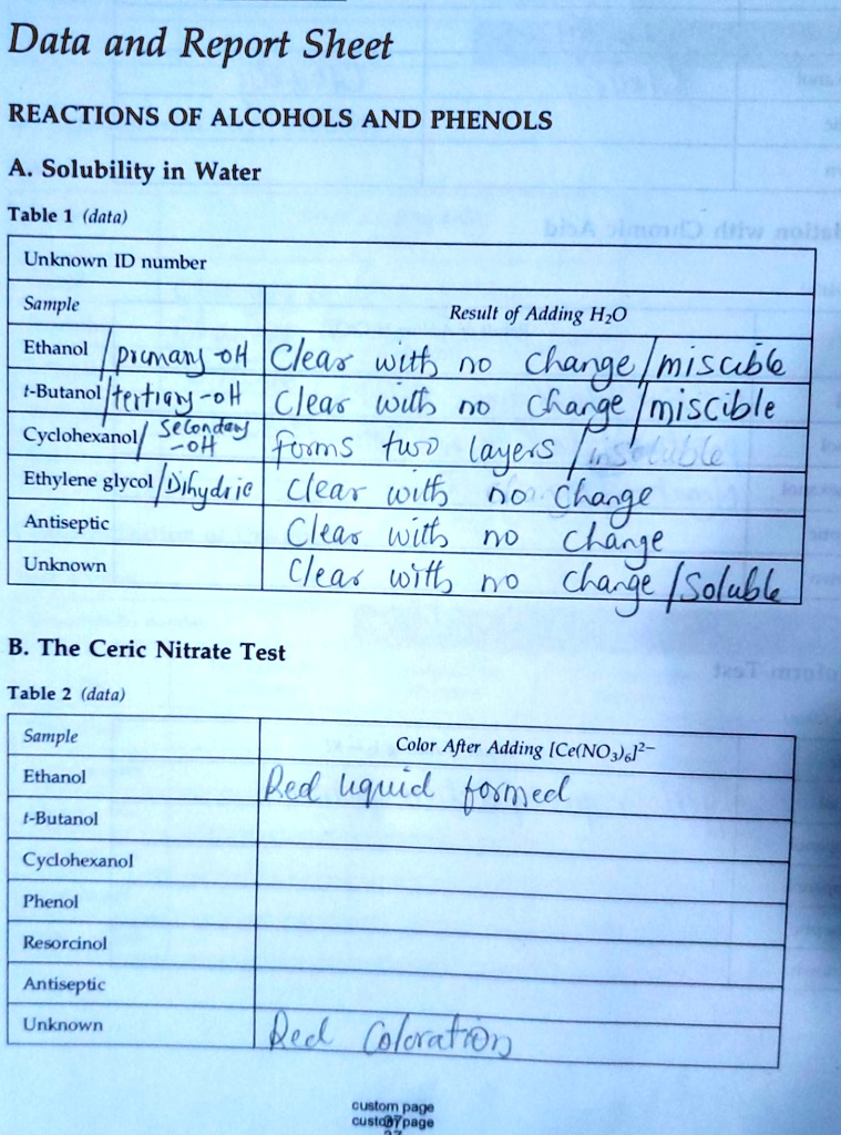 SOLVED: This is about the reaction of alcohol and phenol. Data and Report Sheet: REACTIONS OF ...