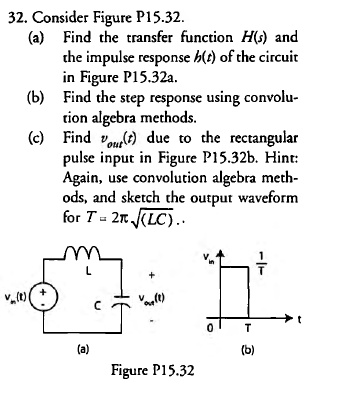 SOLVED: Consider Figure P15.32. (a) Find the transfer function H(s) and the impulse response h(t ...