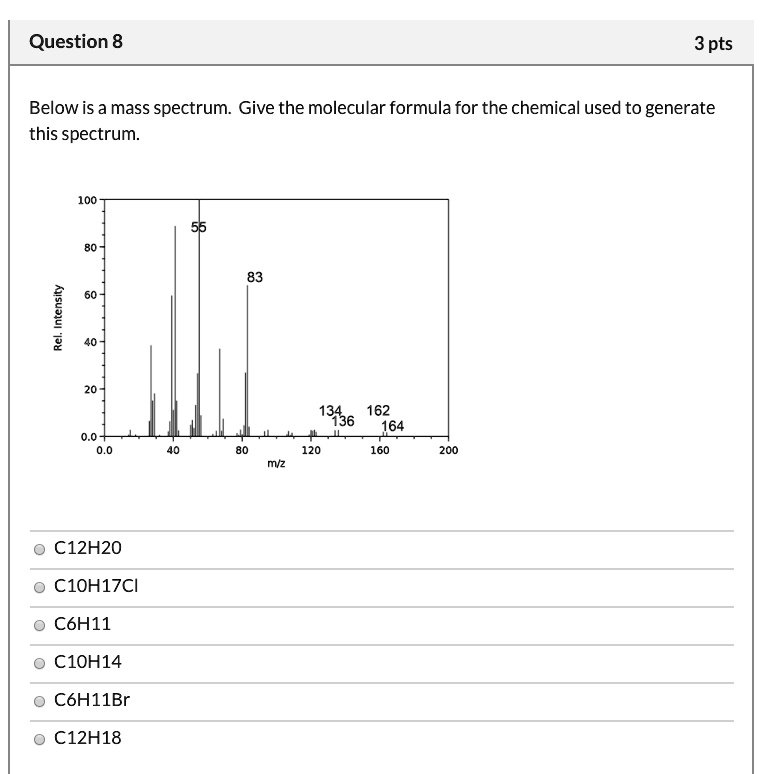 Question 8 3 pts Below is a mass spectrum. Give the molecular formula ...