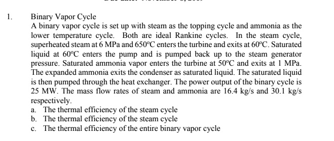 1. Binary Vapor Cycle A binary vapor cycle is set up with steam as the topping cycle and ammonia ...