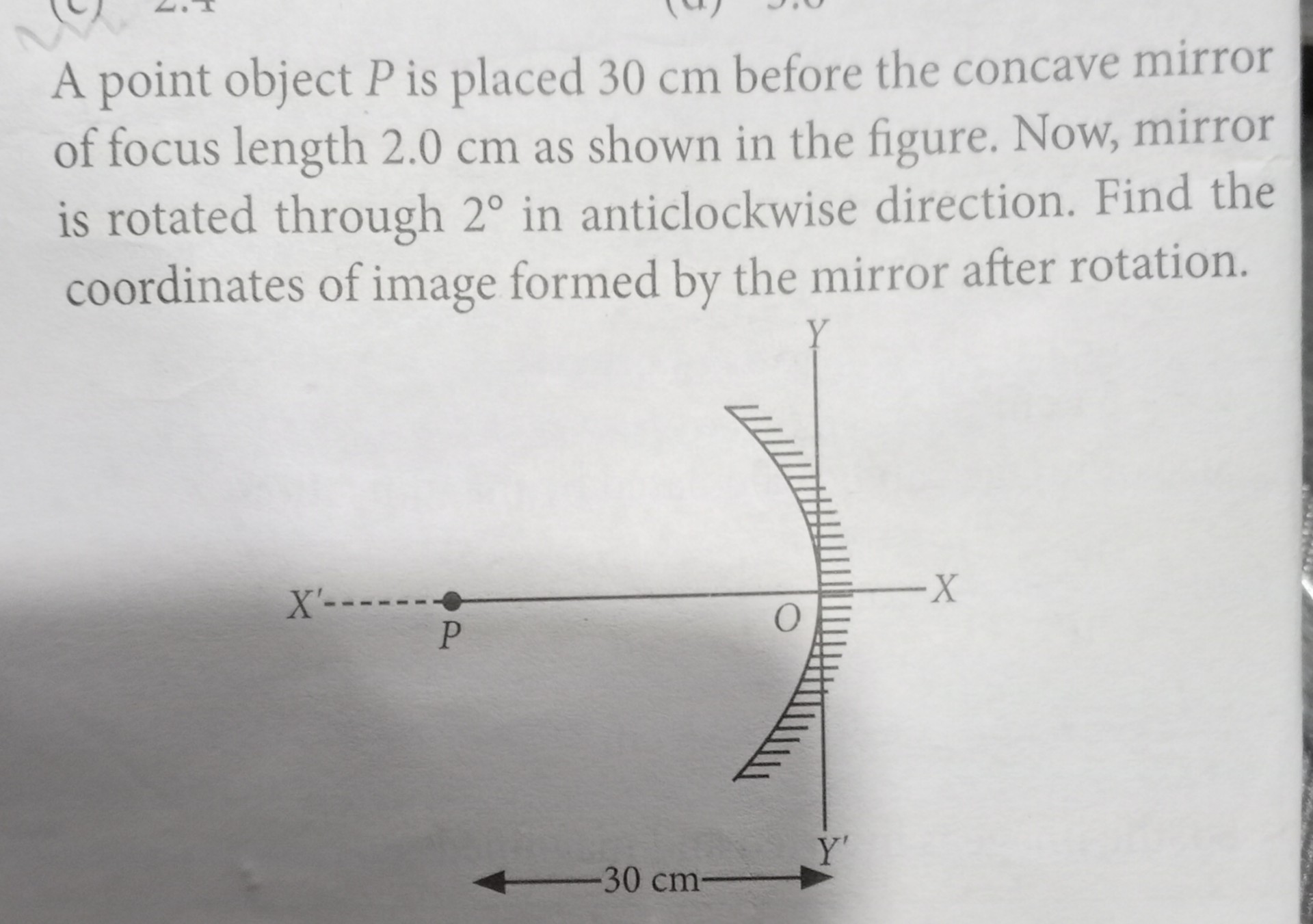 A point object P is placed 30 cm before the concave mirror of focus length 2.0 cm as shown in ...