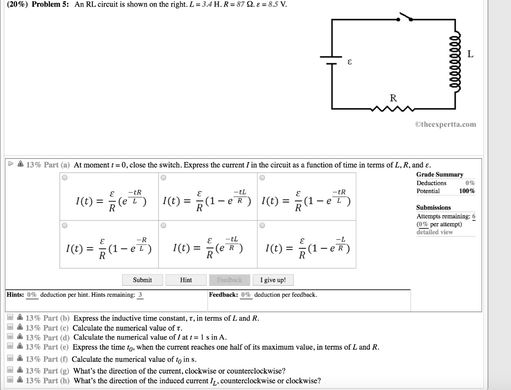 (20%) Problem 5: An RL circuit is shown on the right. L = 3.4 H. R = 87 ?. ? = 8.5 V. ? L R ...