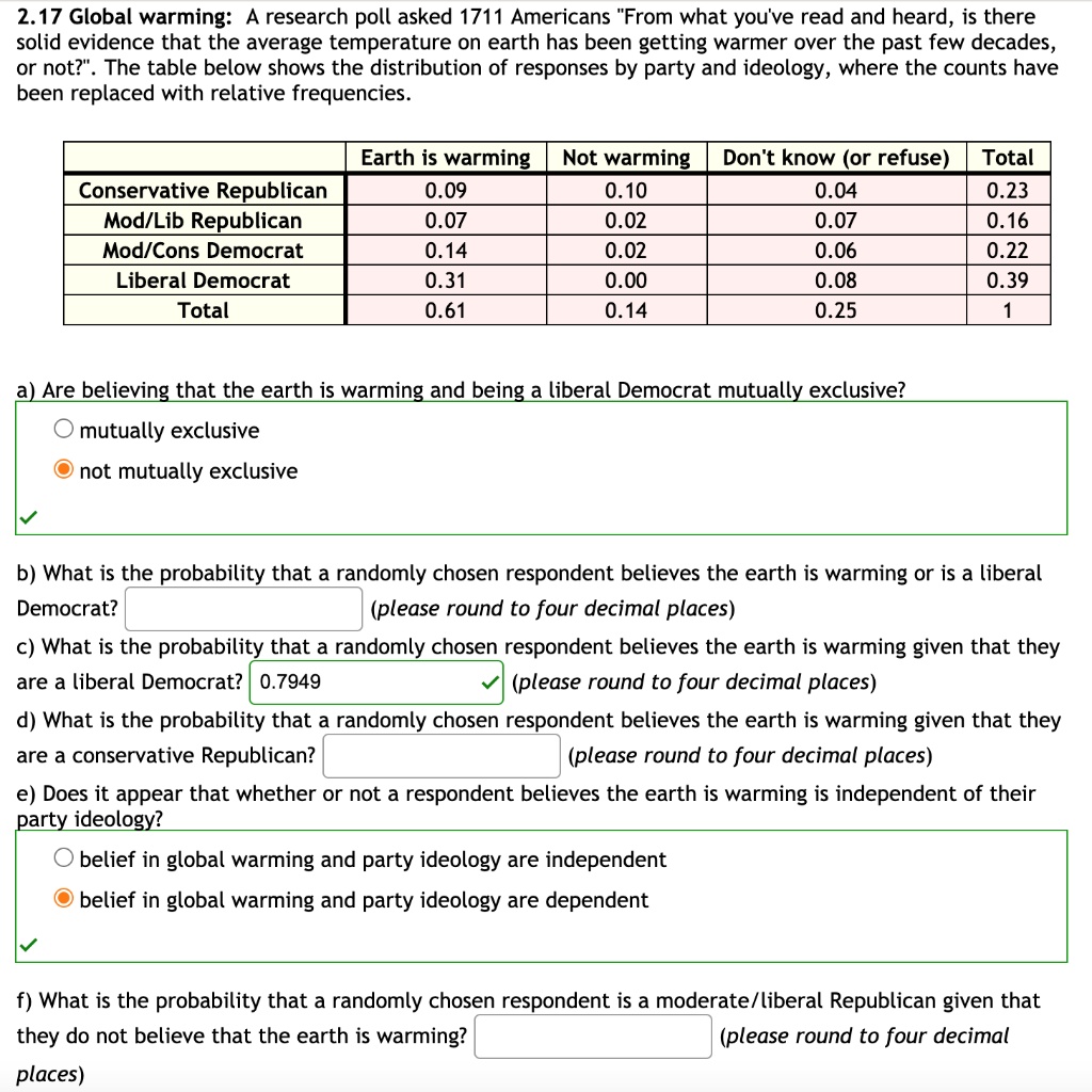 SOLVED: 2.17 Global warming: A research poll asked 1711 Americans "From ...