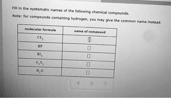 SOLVED: Fill in the systematic names of the following chemical compounds Note: for compounds ...