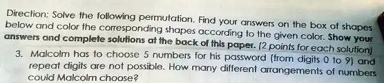 SOLVED: Direction: Solve the following permutation. Find below and color the corresponding ...