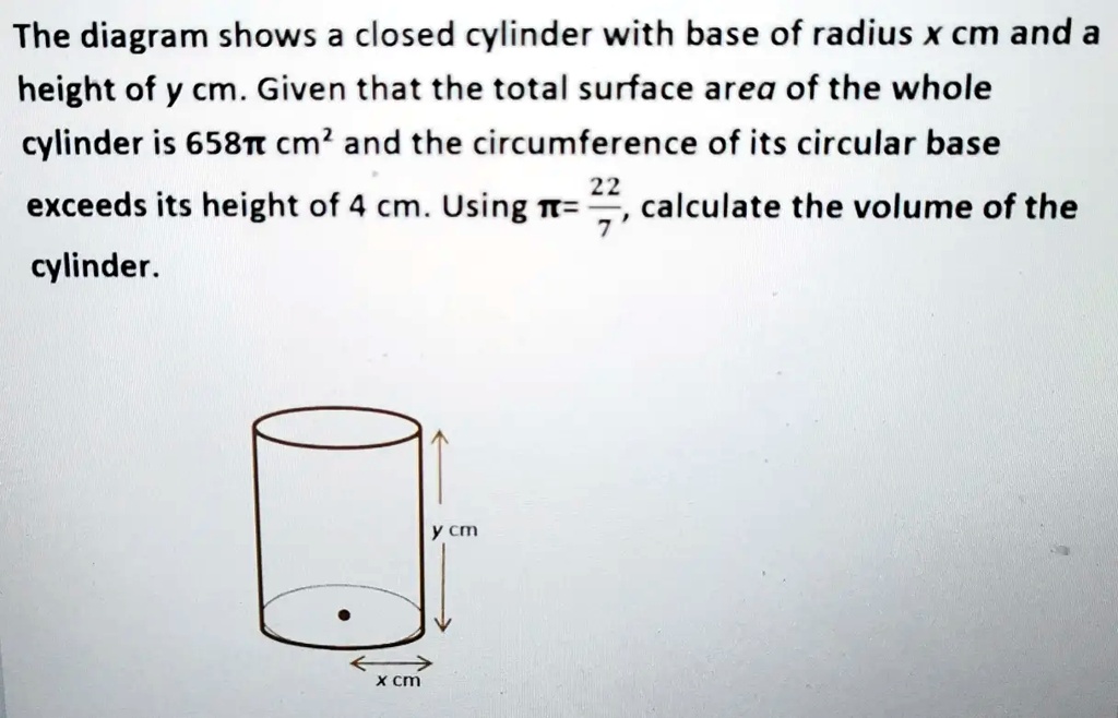 The diagram shows a closed cylinder with base of radius x cm and a height of y cm. Given that ...