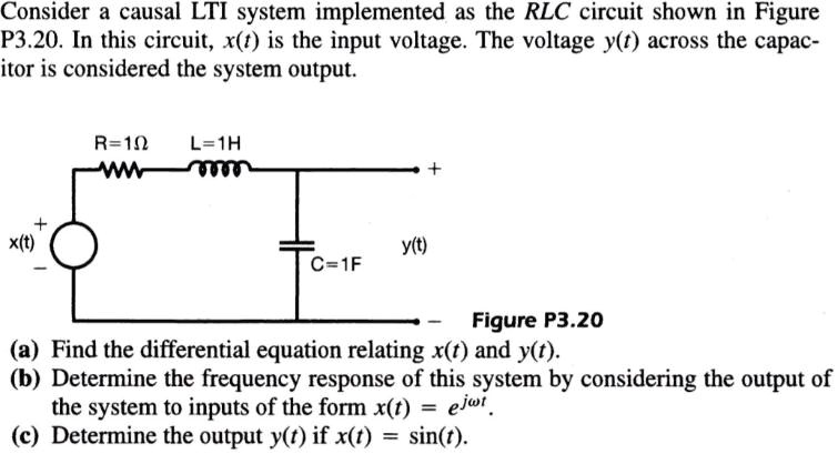 Consider a causal LTI system implemented as the RLC circuit shown in Figure P3.20. In this ...