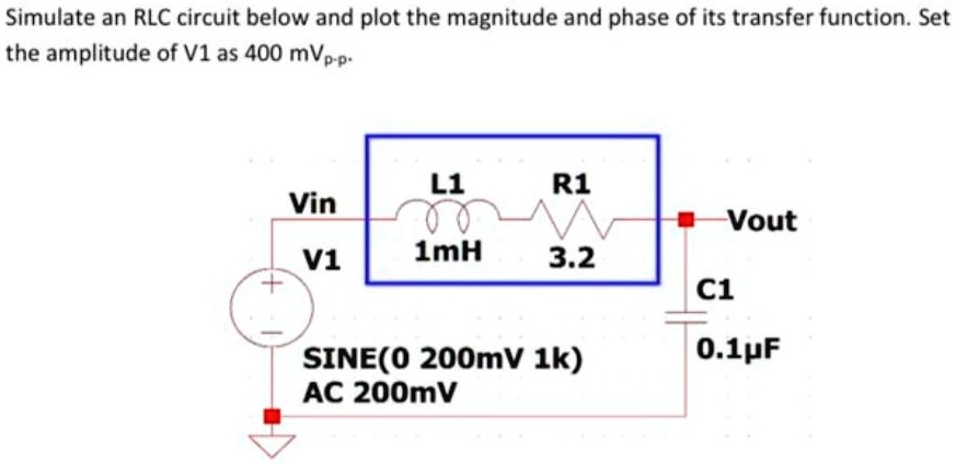 SOLVED: Texts: Simulate an RLC circuit below and plot the magnitude and ... SOLVED: Texts: Simulate an RLC circuit below and plot the magnitude and ...