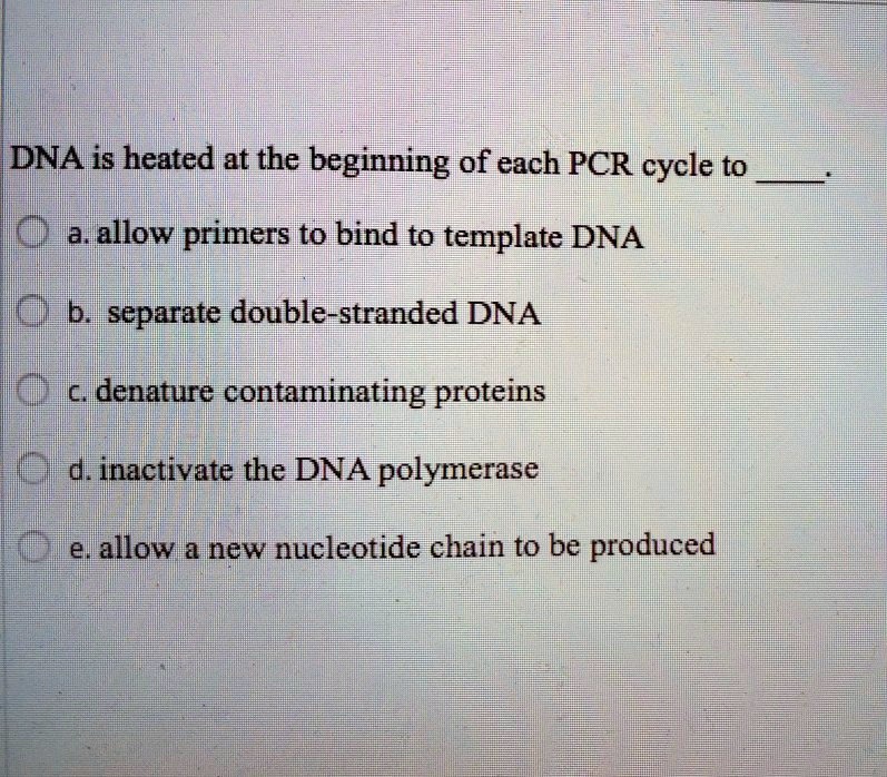SOLVED: DNA is heated at the beginning of each PCR cycle Ito Kha allow primers to bind to ...